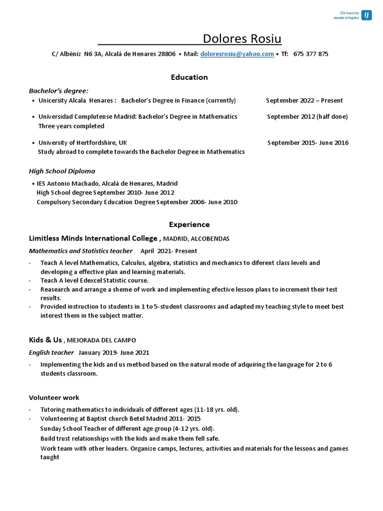 CV Dolores English | PDF | Learning | Cognition