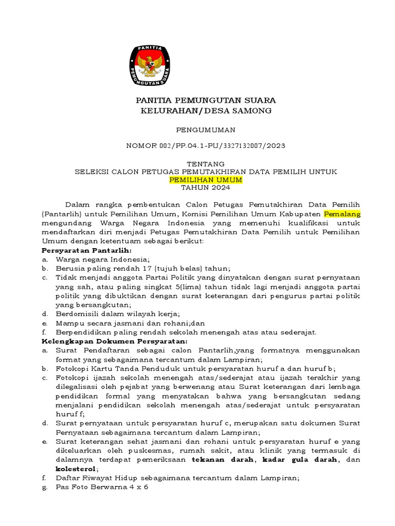 Formulir Pendaftaran Pantarlih | PDF