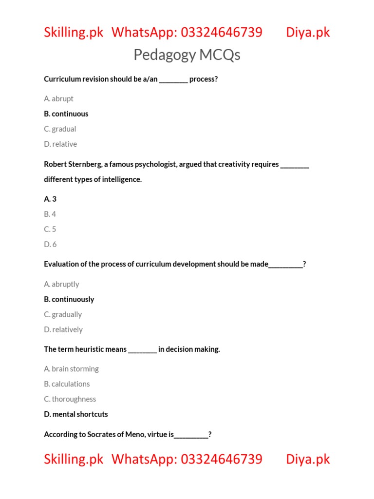 Pedagogy MCQs | PDF | Teachers | Reason