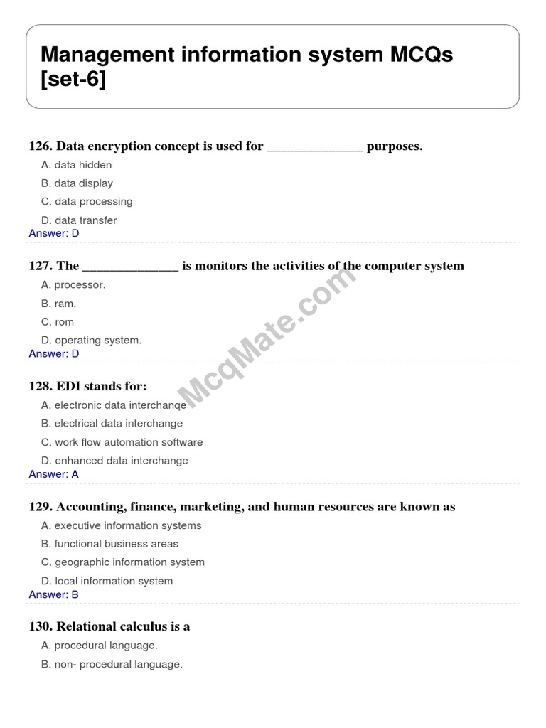 Management Information System Solved MCQs (Set-6) | PDF | Databases | Information System