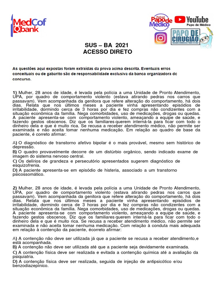 Prova SUS-BA 2021 - Acesso Direto | Download grátis PDF | Gravidez ...