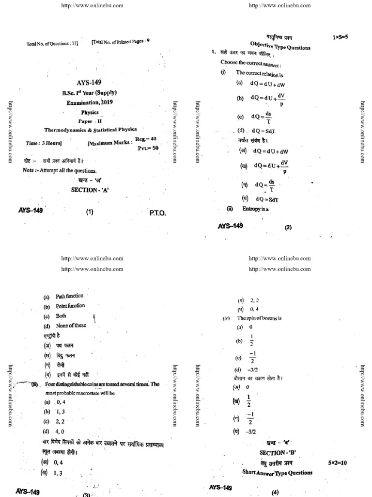 BSC 1 Year Physics Thermodynamics and Statistical Physics Ays 149 2019 ...