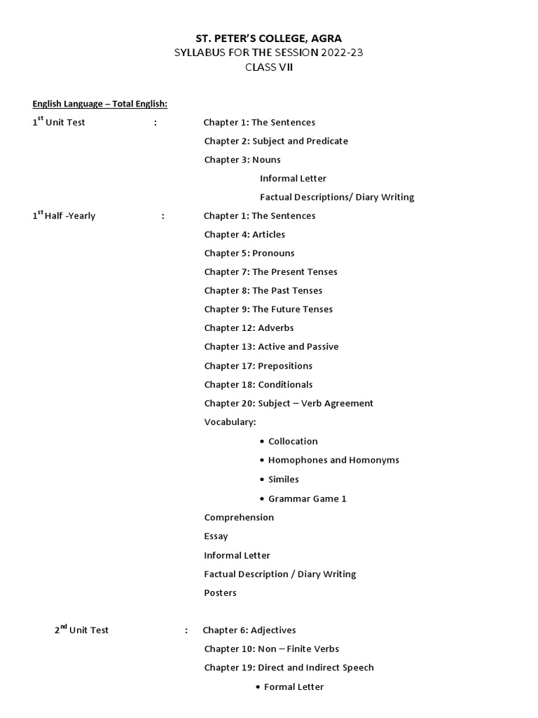 Syllabus Class Vii 22-23 | PDF | English Language | Verb