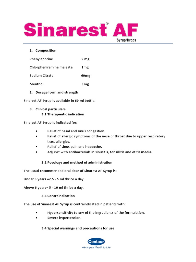 Sinarest AF Syrup | PDF | Blood Vessel | Medicinal Chemistry