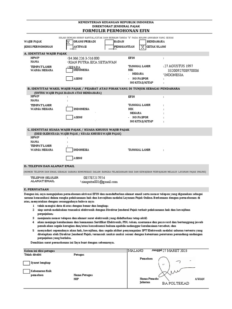 Form Permohonan EFIN (PDF Isian) | PDF
