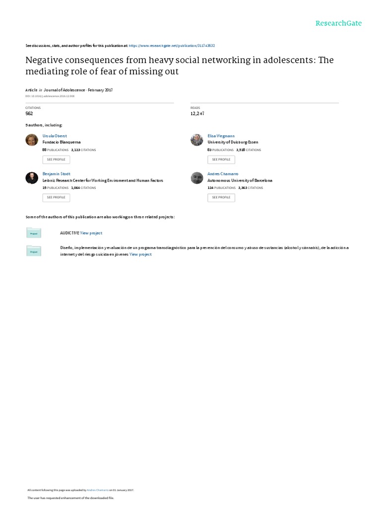 Negative Consequences From Heavy Social Networking in Adolescents: The ...