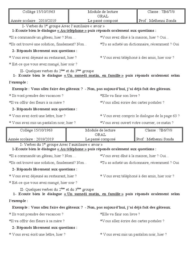 Oral sur le passé composé en classe 7B | PDF | Linguistique