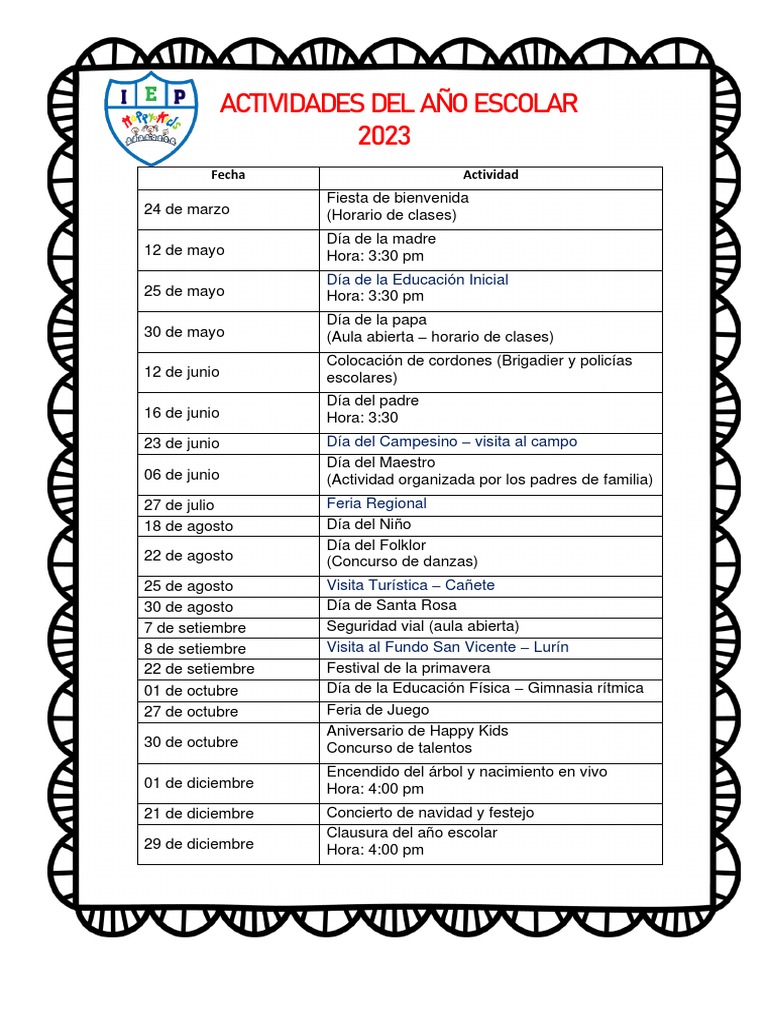 Actividades Del Año Escolar 2023 | PDF
