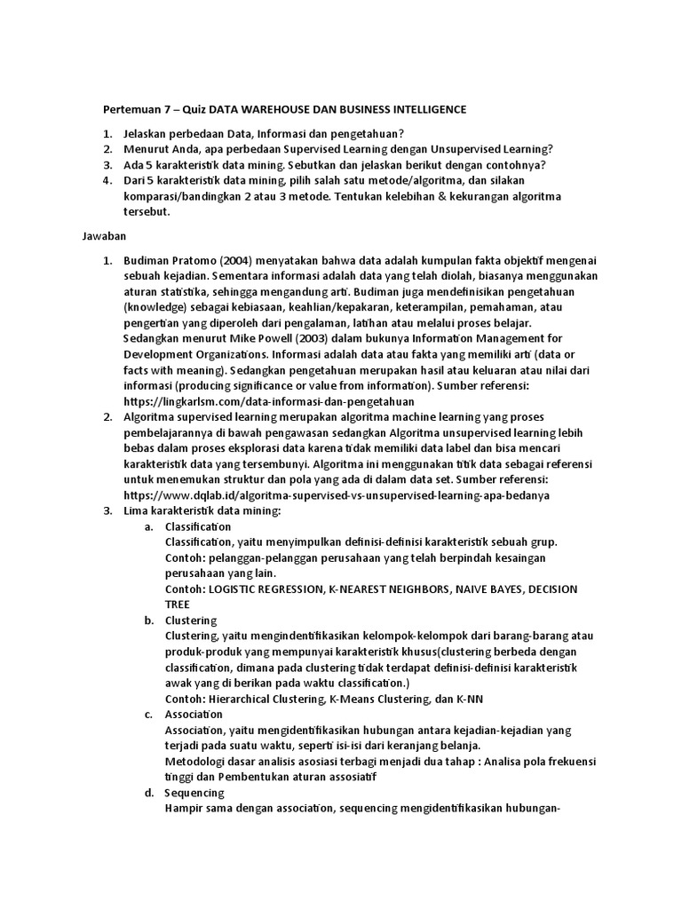 Pertemuan 7 - Quiz DATA WAREHOUSE DAN BUSINESS INTELLIGENCE | PDF