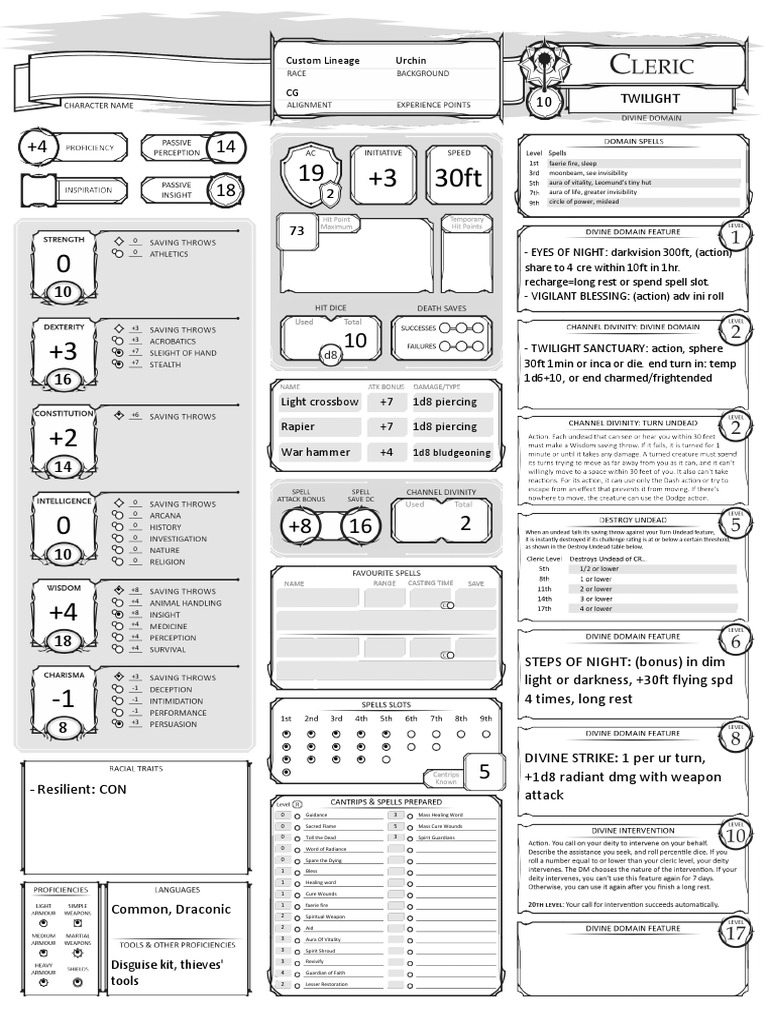 Class Character Sheet Cleric V12 Fillable Part1 | PDF