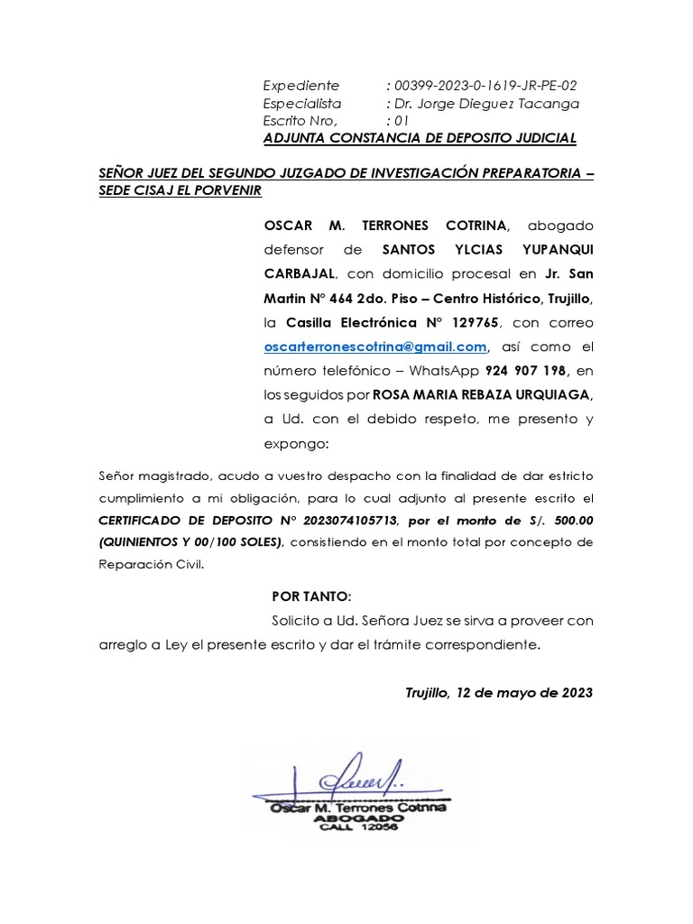 Adjunta Constancia de Deposito Judicial (399-2023) - Santos Yupanqui | PDF
