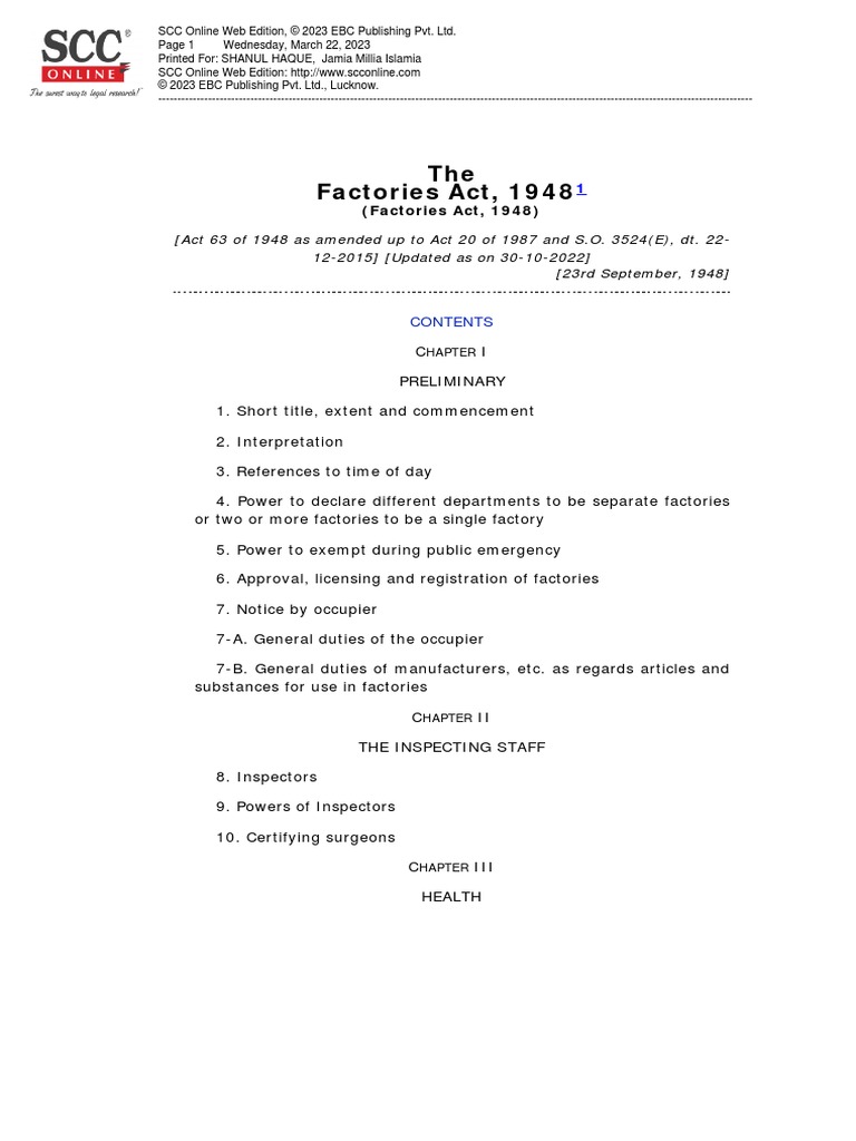 Factories Act 1948 Overview and Provisions | PDF | Occupational Safety ...