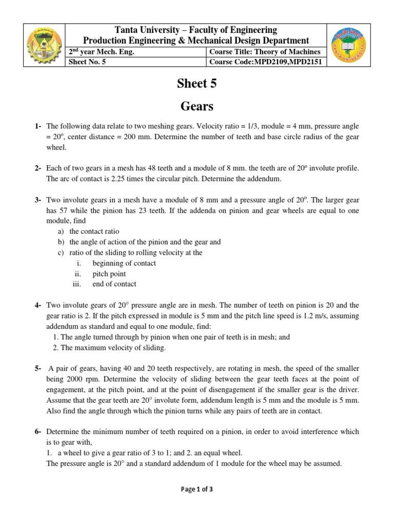 Mechanical Design Problem Set | PDF | Gear | Kinematics