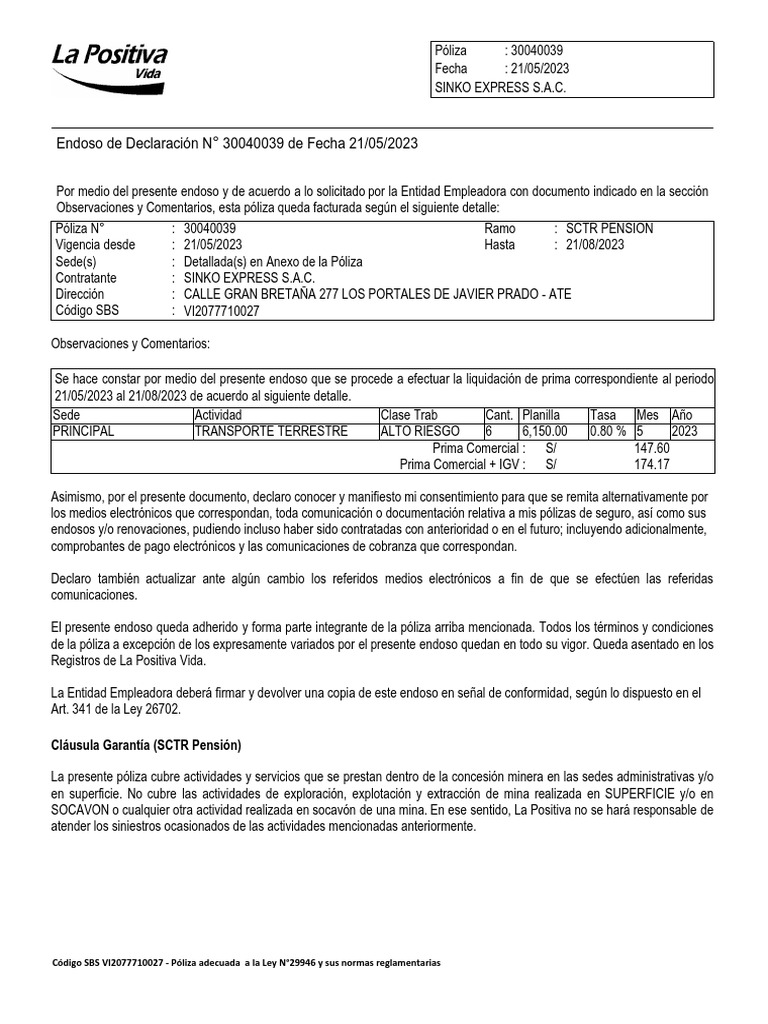 Endoso Renovación SCTR - Sinko Express Sac | PDF | Seguro | Reaseguro