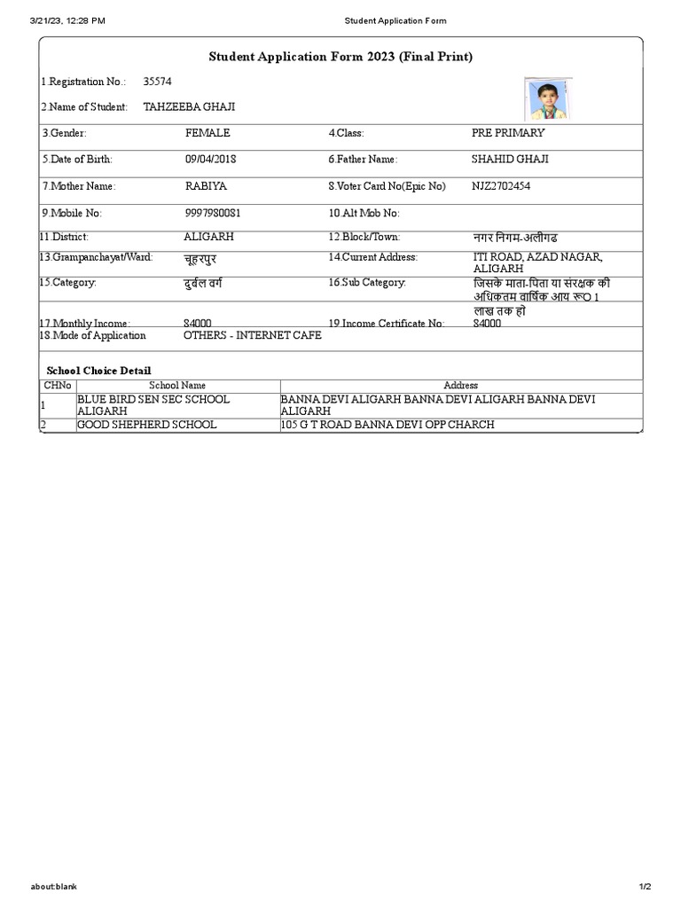 Student Application Form for Pre Primary | PDF