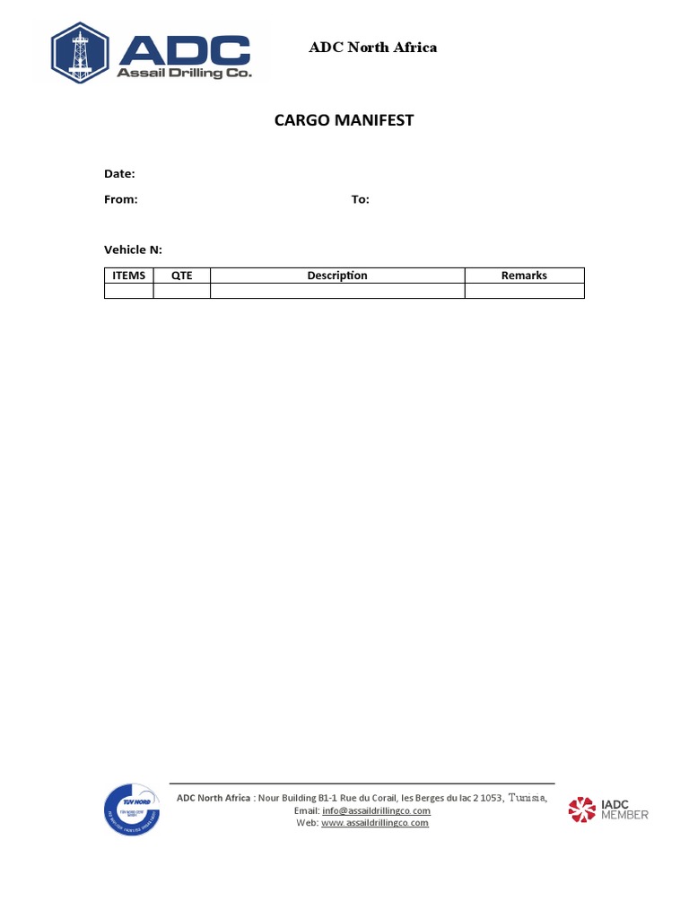 ADC North Africa Cargo Manifest Sample | PDF