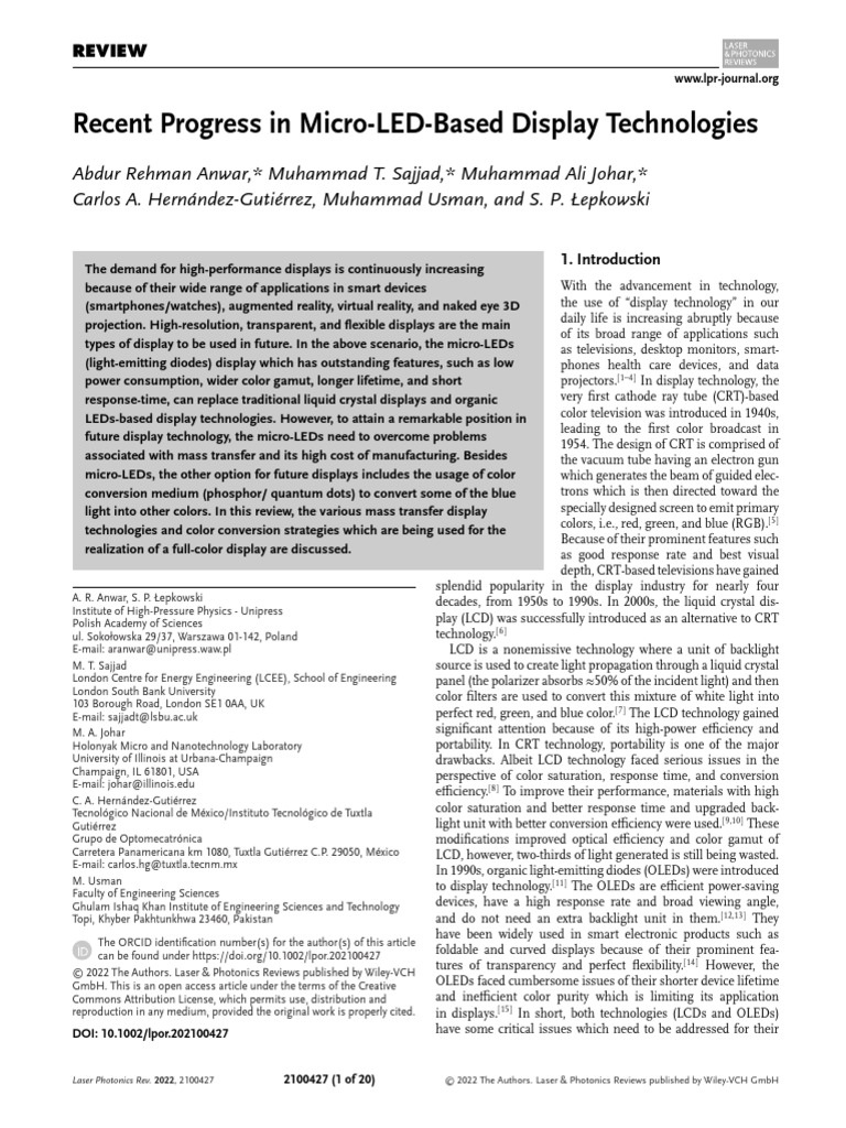 Laser Photonics Reviews - 2022 - Anwar - Recent Progress in Micro LED ...