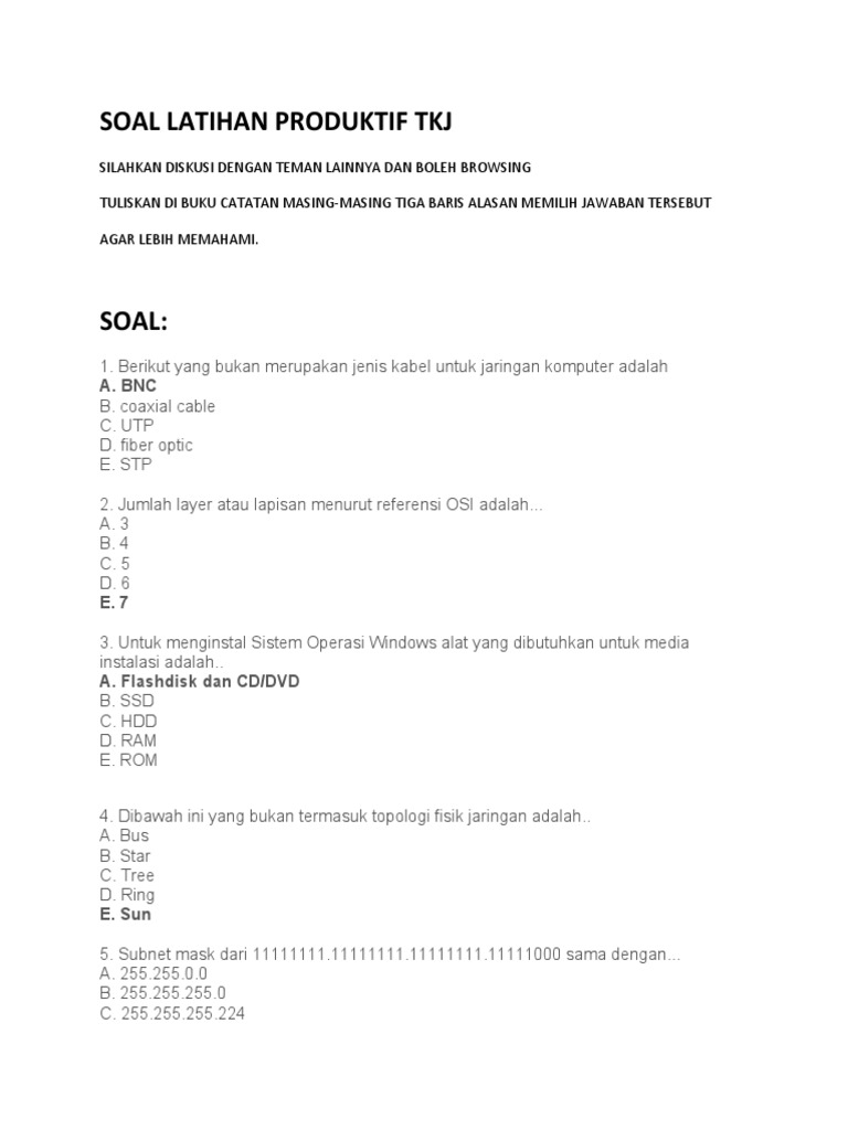 Soal Latihan Produktif TKJ | PDF | Metode & Bahan Ajar | Teknologi & Rekayasa