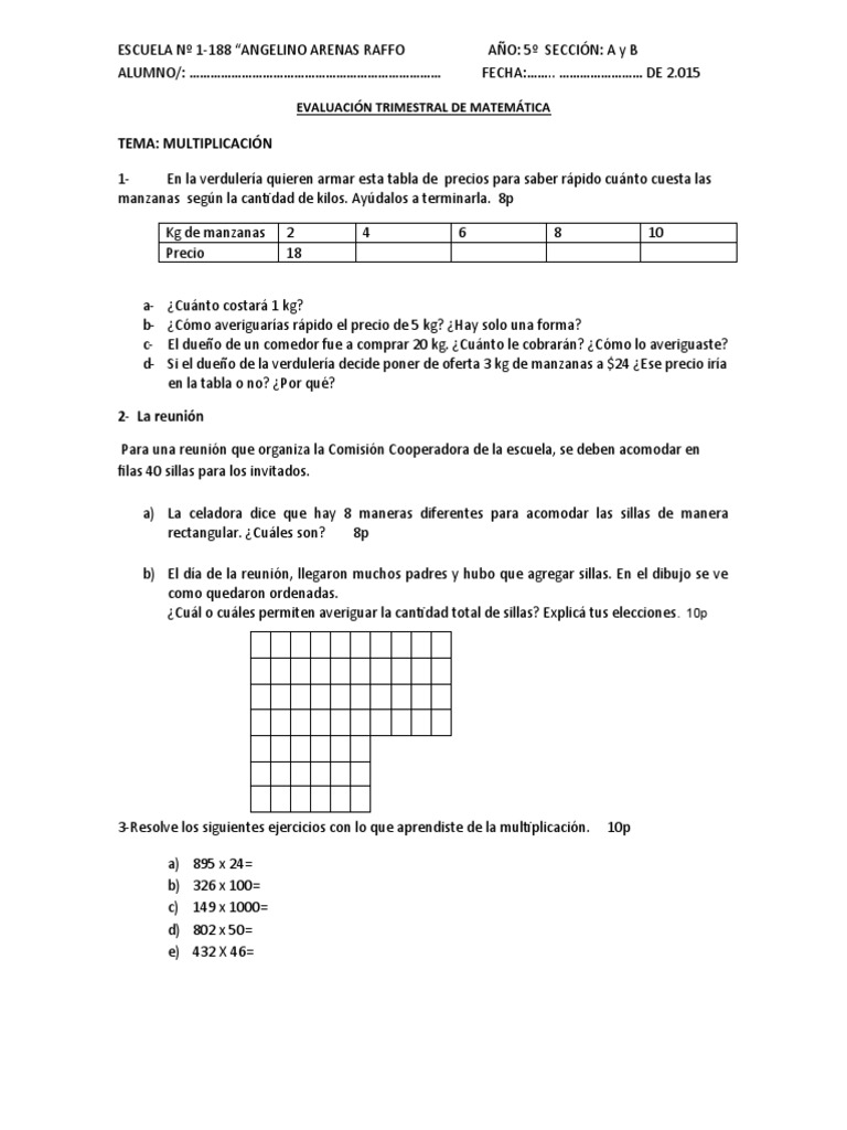 Segunda Evaluacion Trimestral de Matematica 5to Grado | PDF