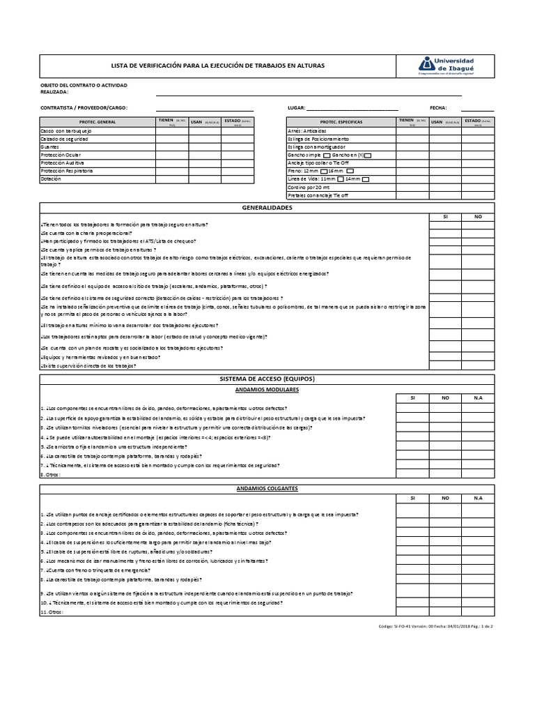 SI-FO-41 Lista de Verificación para La Ejecución de Trabajos en Alturas ...