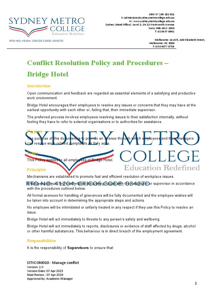 Conflict Resolution Policy Overview | PDF | Employment | Conflict ...