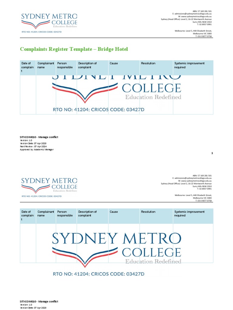 SITXCOM010 Complaints Register Template | PDF