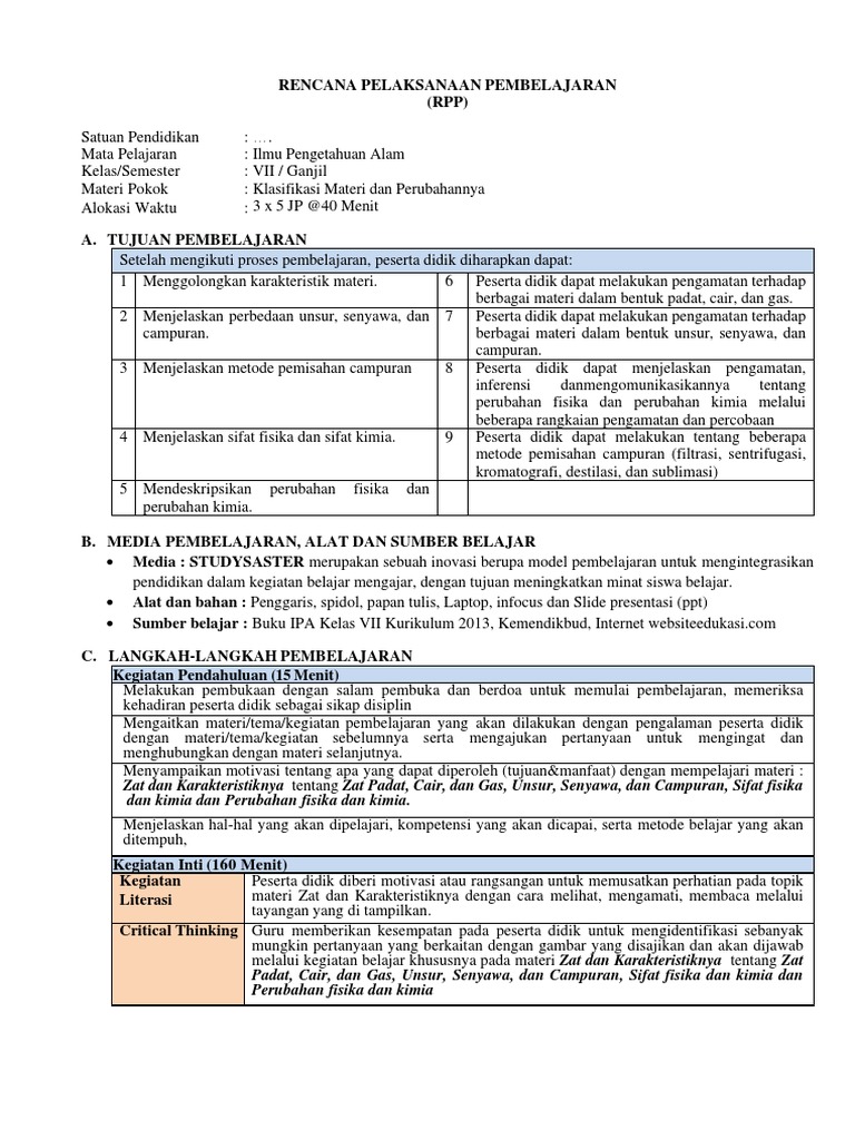 RPP Klasifikasi Materi Dan Perubahannya | PDF
