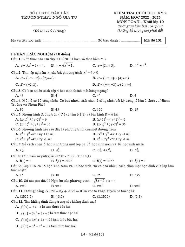 De Cuoi Hoc Ky 2 Toan 10 Nam 2022 2023 Truong THPT Ngo Gia Tu Dak Lak | PDF