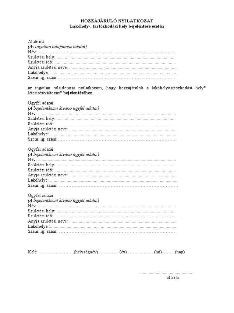 Hozzájáruló Nyilatkozat Lakó-Tartózkodási Hely Bejelentése Esetén | PDF