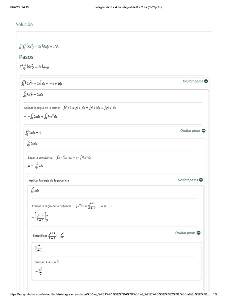 integral de 1 a 4 de integral de 0 a 2 de (6x^2y-2x) | PDF ...