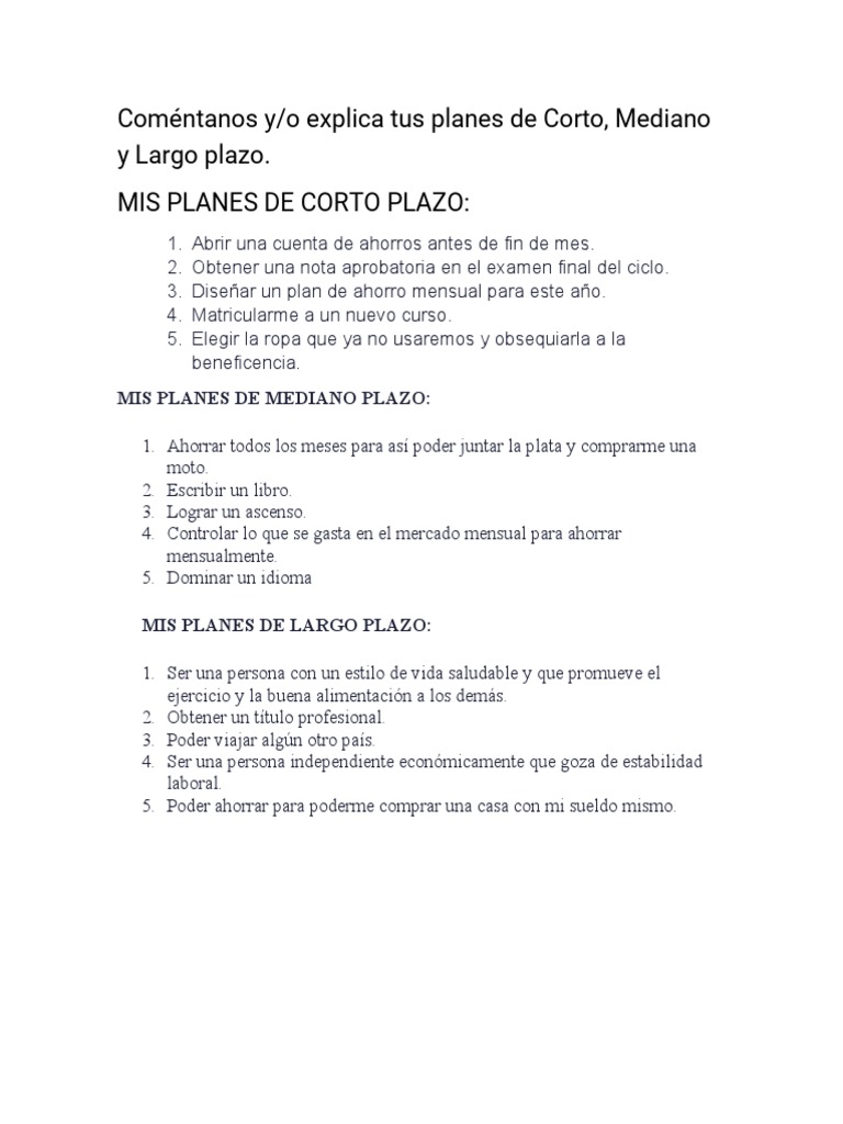 Metas Corto, Mediano y Largo Plazo | PDF | Crecimiento personal y profesional