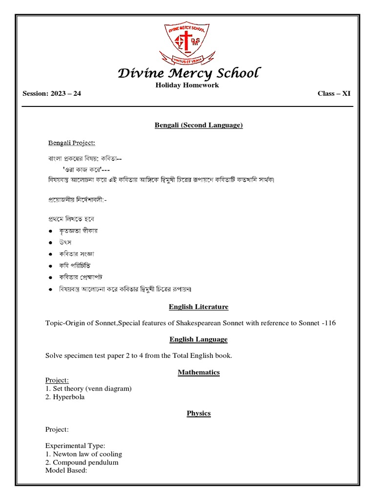 Class XI Holiday Homework 2023-24 | PDF | Science