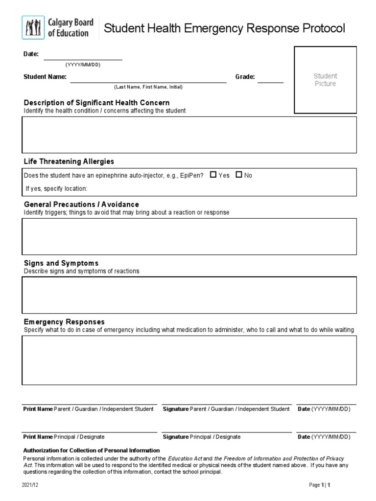 Student Health Emergency Response Protocol Form | PDF