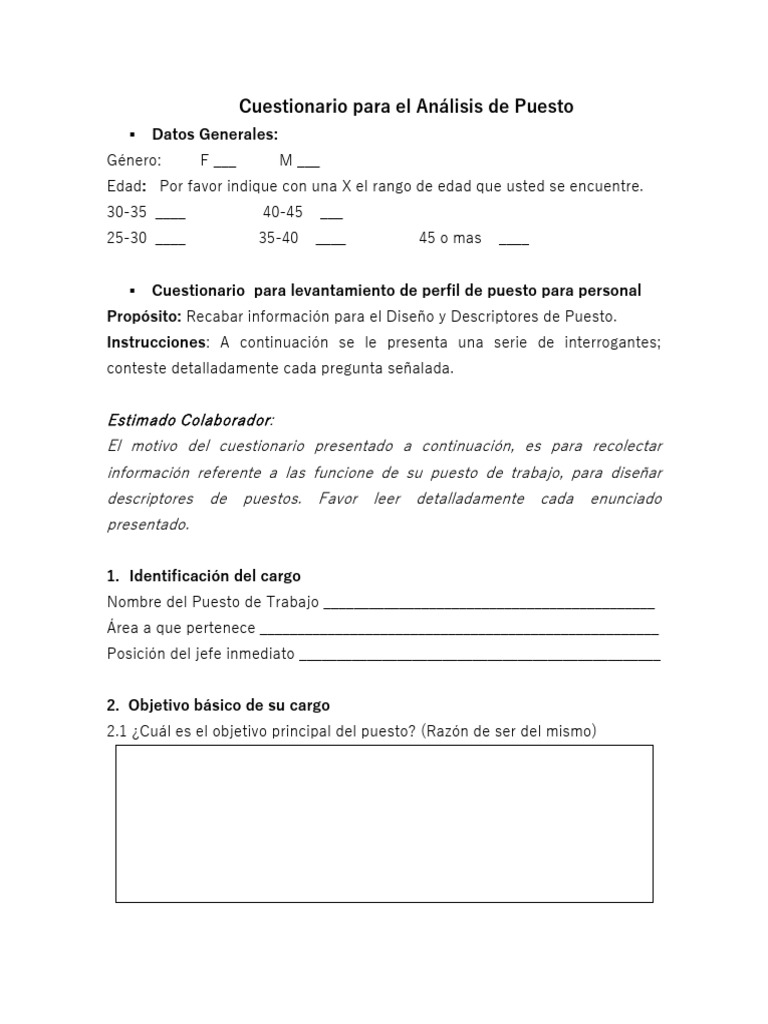 Cuestionario para Análisis de Puesto | PDF | Cuestionario