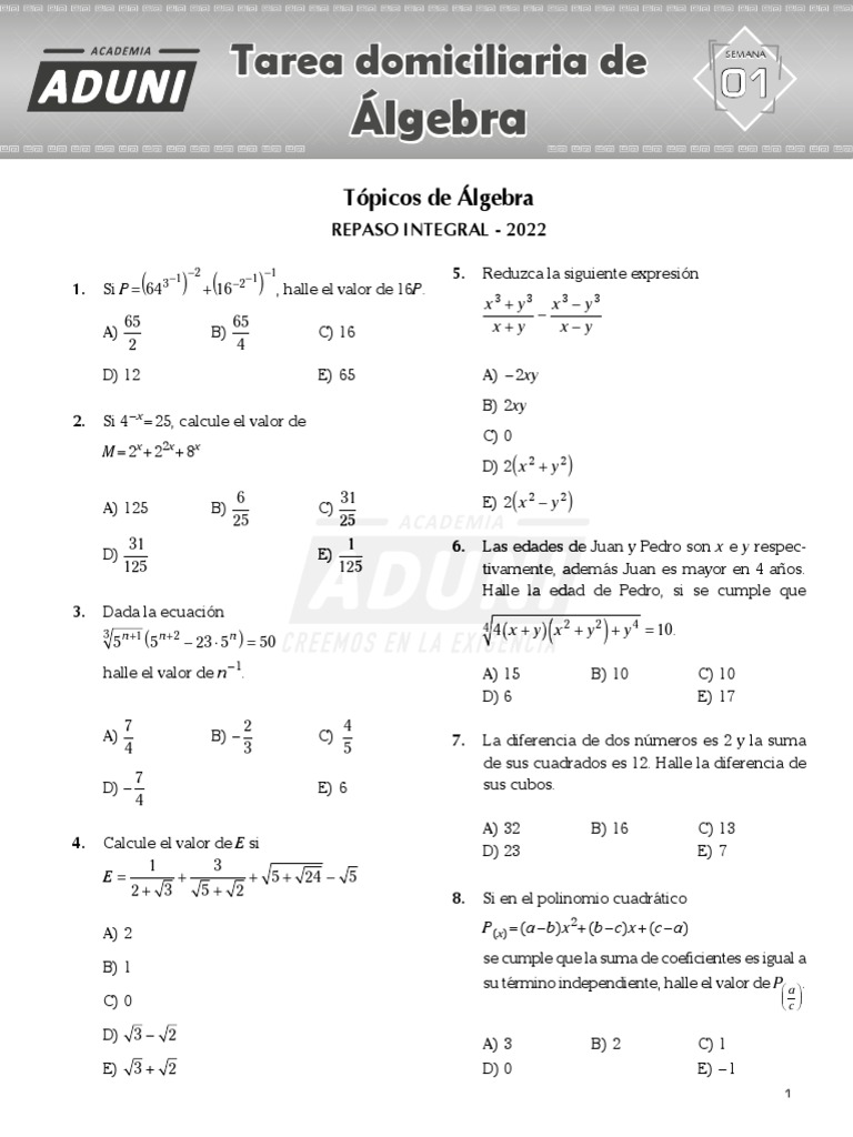 Ejercicios Algebra 1 | PDF | Álgebra | Matemáticas