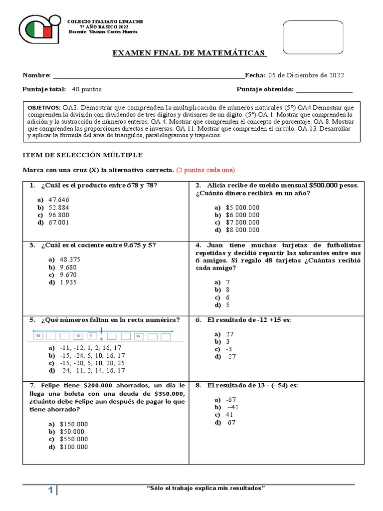 Examen Matematicas 7mo | PDF | Sustracción | Aritmética
