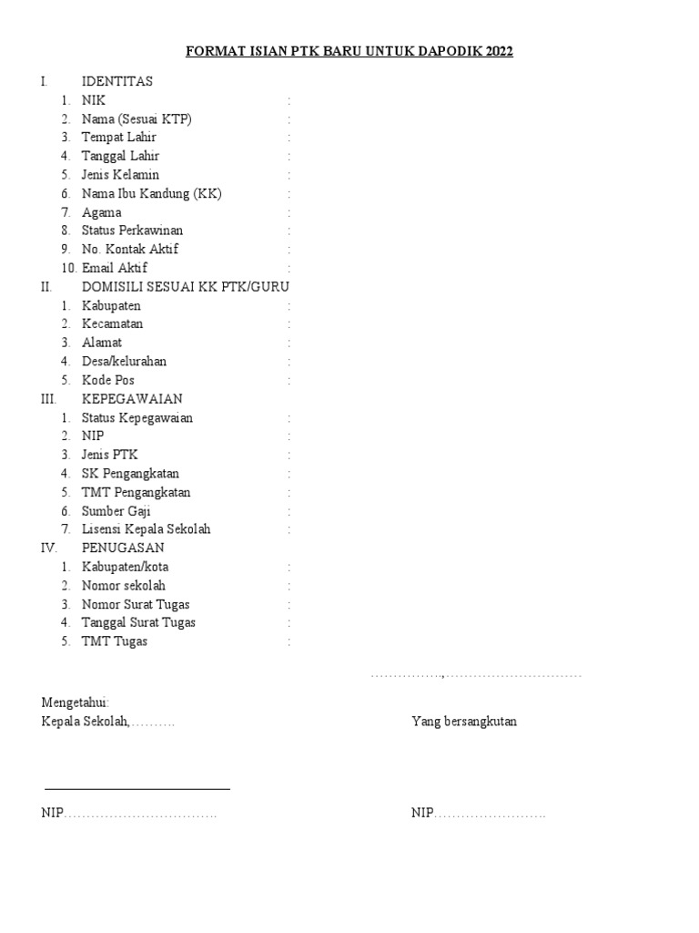 Format Isian PTK Baru Untuk Dapodik 2022 | PDF | Karier & Perkembangan | Kesehatan Holistik