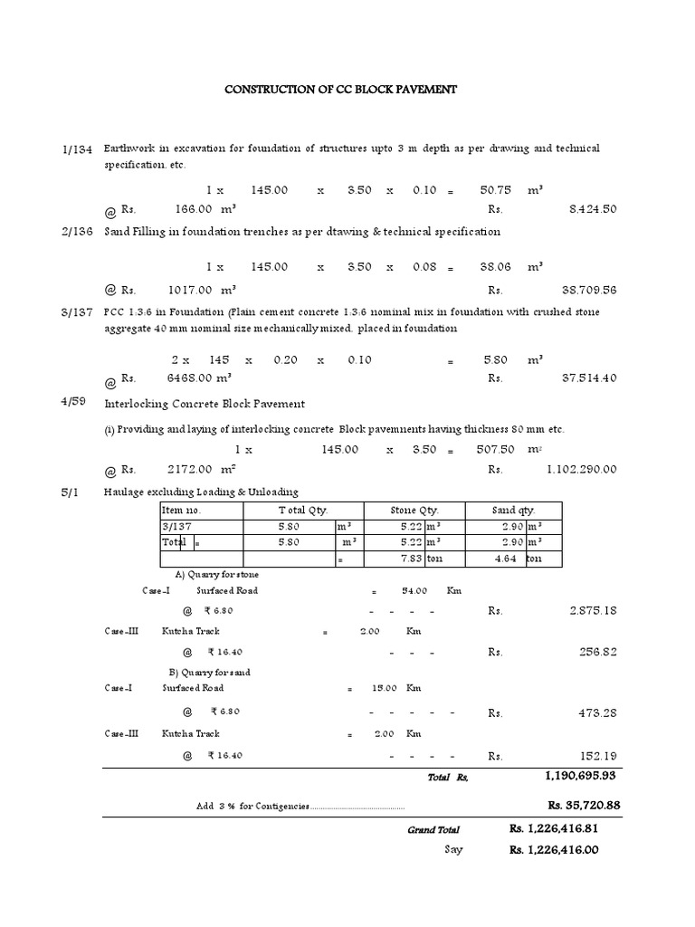 CC Block Pavement Estimate | PDF | Road Surface | Architectural Design