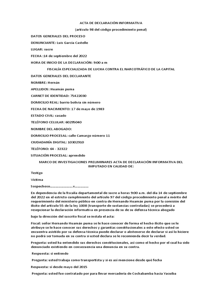 Acta De Declaración Informativa Del Imputado 1 Pdf Fiscal
