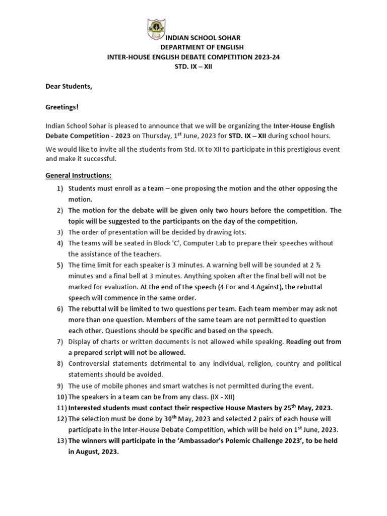 Inter-House English Debate Competition 2023 | PDF | Linguistics ...