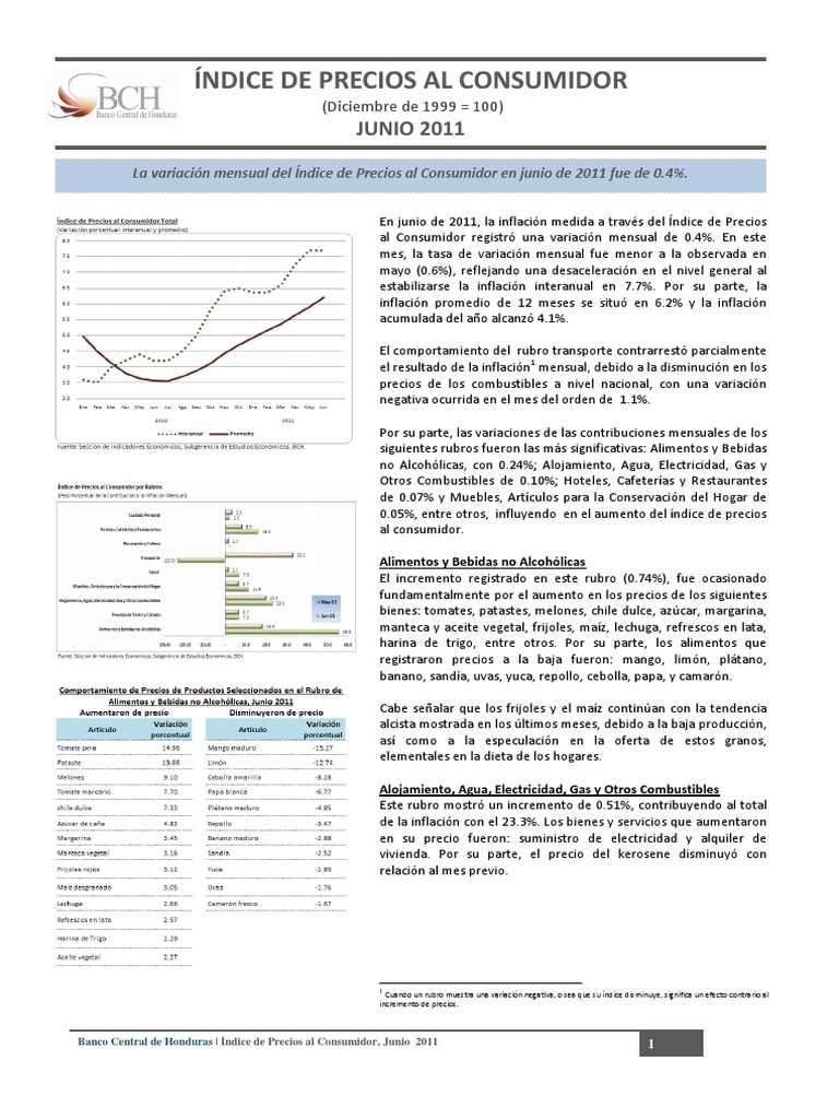 Índice de Precios Al Consumidor Junio 2011 | PDF | Inflación | Honduras