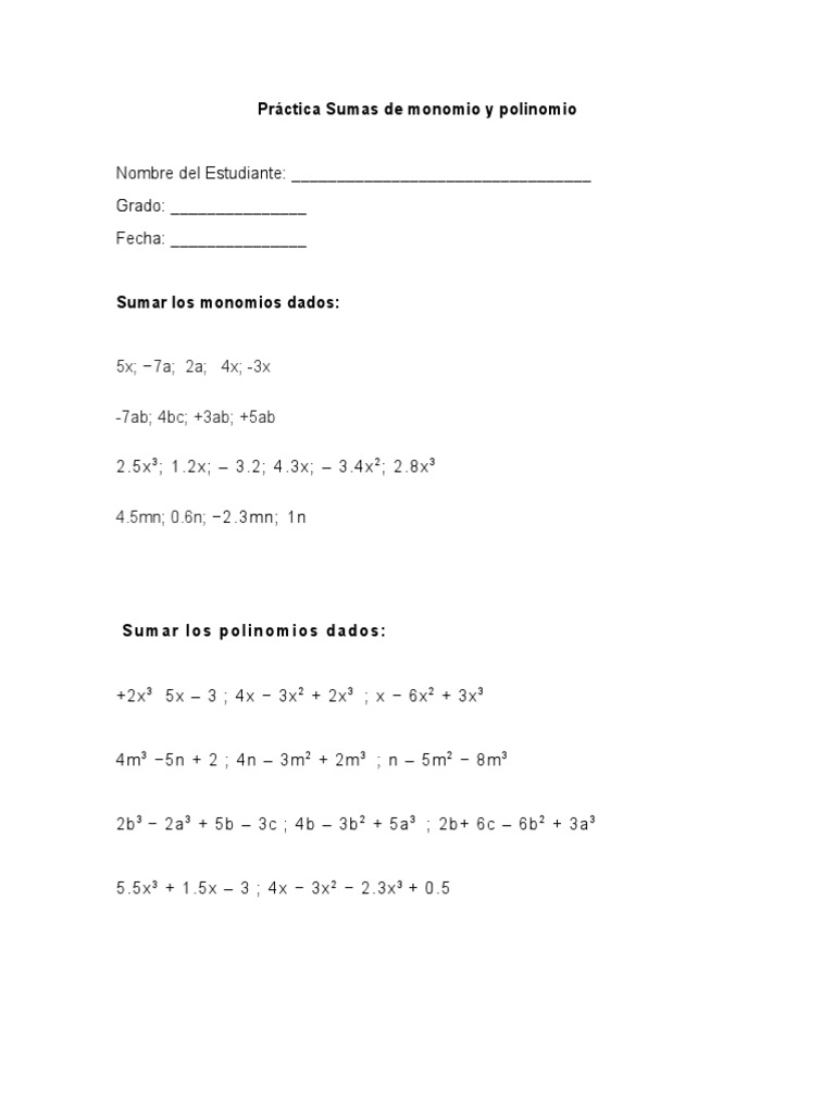 Sumas de Monomios y Polinomios | PDF