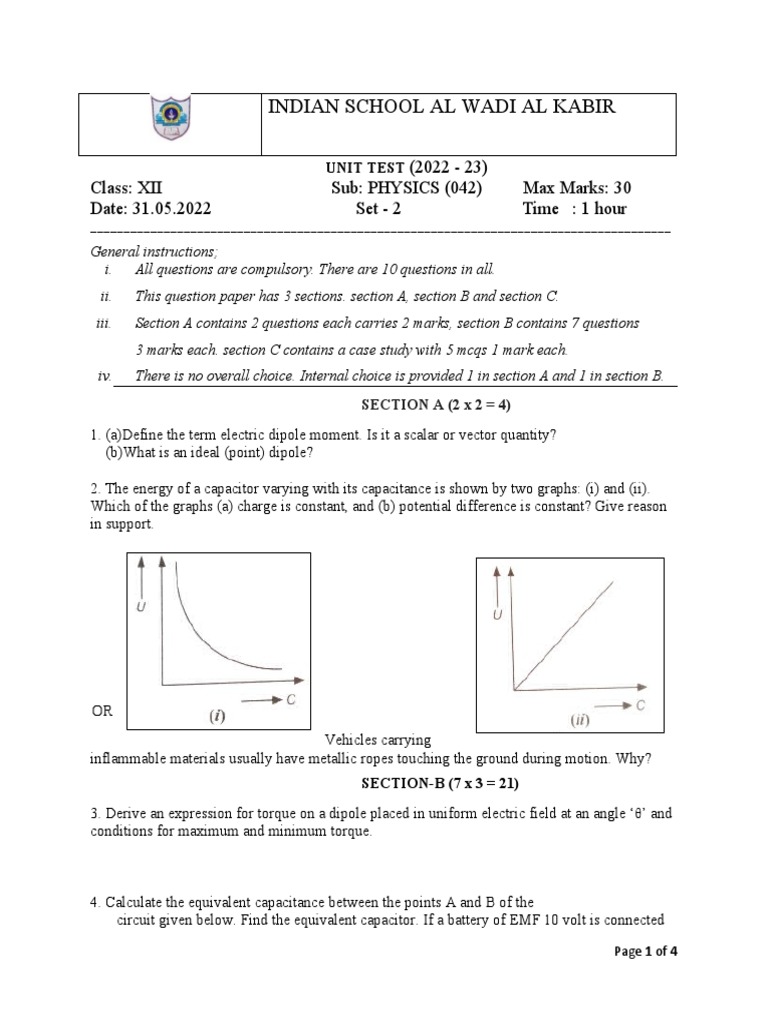 4904065-Class 12 - Unit Test - Physics - Set 2 - Randhir - QP | PDF