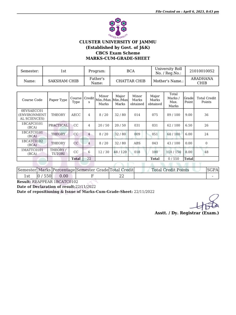 Cluster University of Jammu (Established by Govt. of J&K) CBCS Exam Scheme Marks-Cum-Grade-Sheet ...