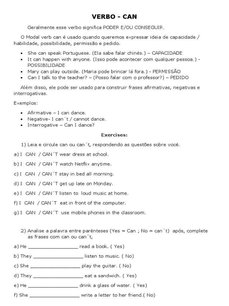 Uso do Verbo Modal "Can" | PDF