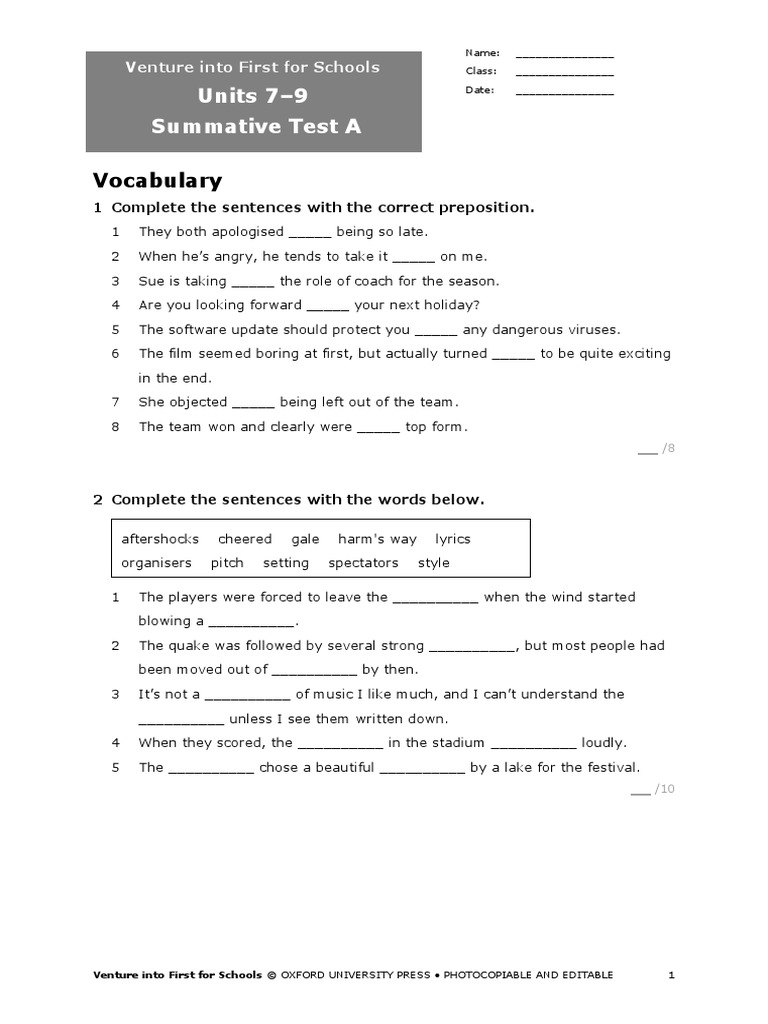 Venture First Schools Summative Test Units7 9 A | PDF