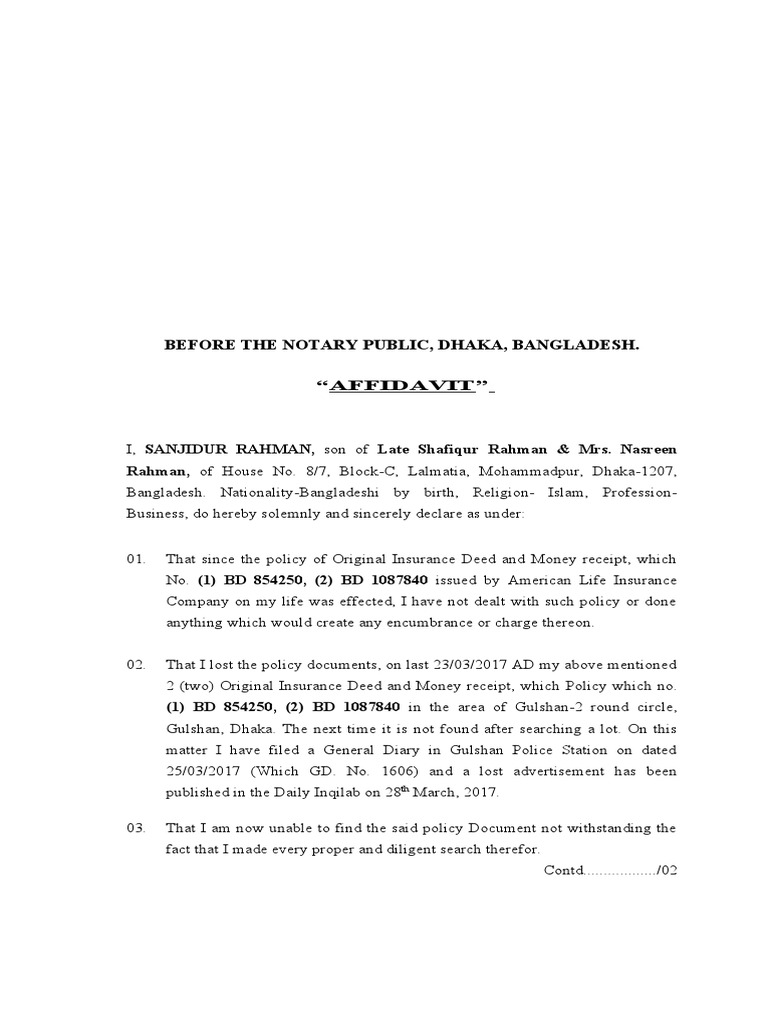 Affidavit of Lost Insurance Documents | PDF | Affidavit | Notary Public