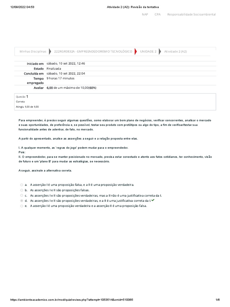 Atividade 2 (A2) - Revisão Da Tentativa | PDF | Empreendedorismo | Mercado (economia)