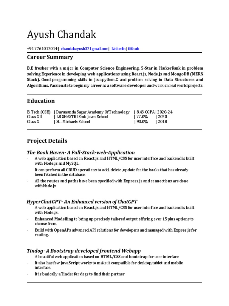 Ayush Chandak: CSE Graduate & Web Developer | PDF | Web Application ...