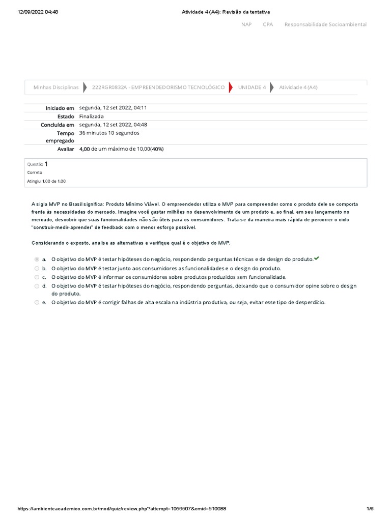 Atividade 4 (A4) - Revisão Da Tentativa | PDF